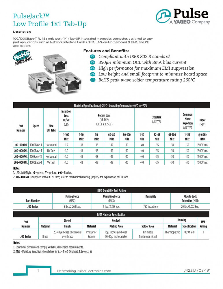 PULSE J0G-0001NL datasheet page 1
