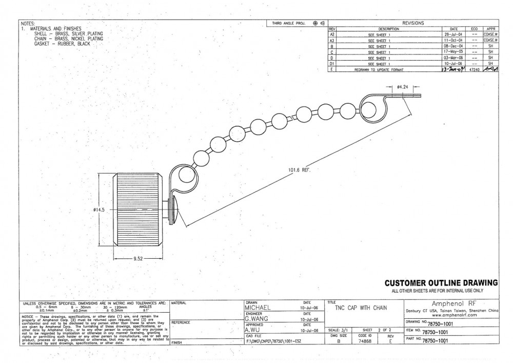 Amphenol 78750-1001 TNC cap with chain customer outline drawing