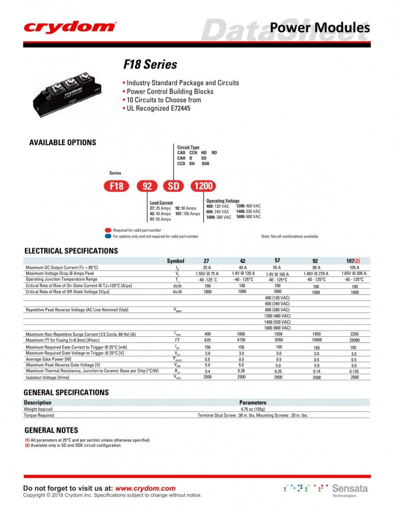 Sensata F18 datasheet page 1