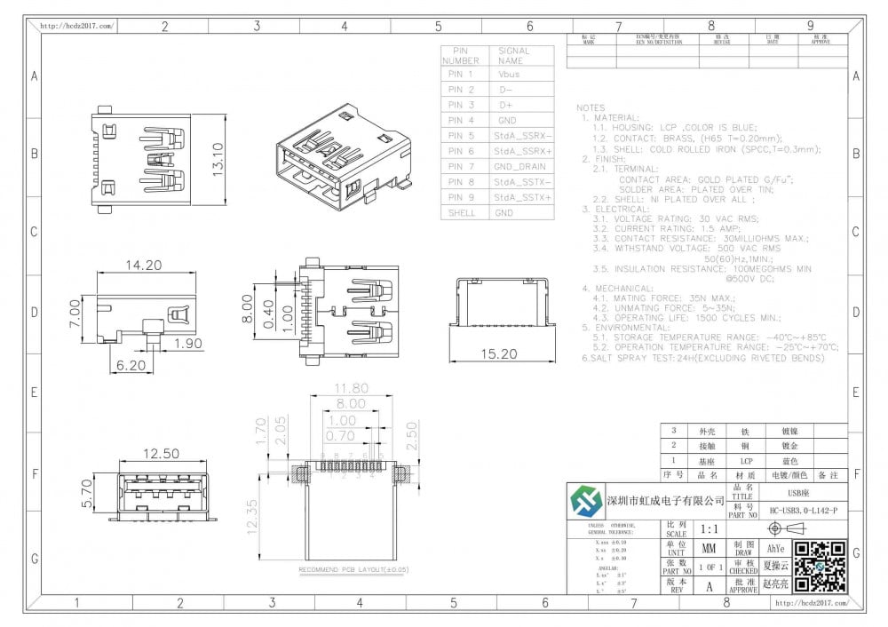 HC-USB3.0-L142-P technical drawing