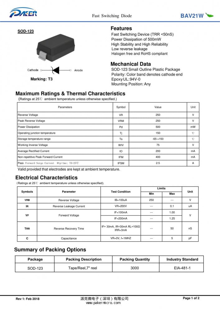PAKER BAV21W datasheet page 1