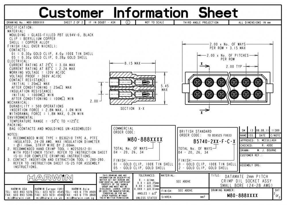 Harwin M80-888XXXX DATAMATE 2 mm pitch crimp DIL socket assembly drawing