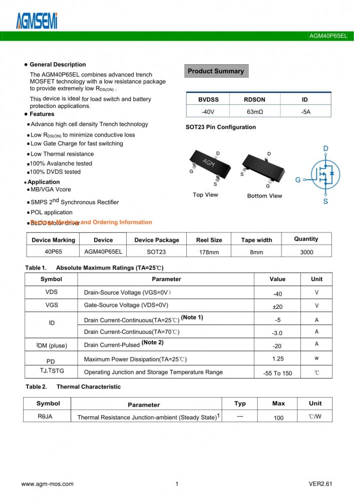 AGM40P65EL datasheet page 1