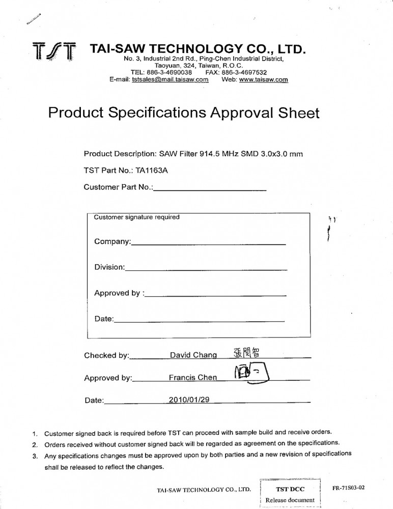 TA1163A document page 1