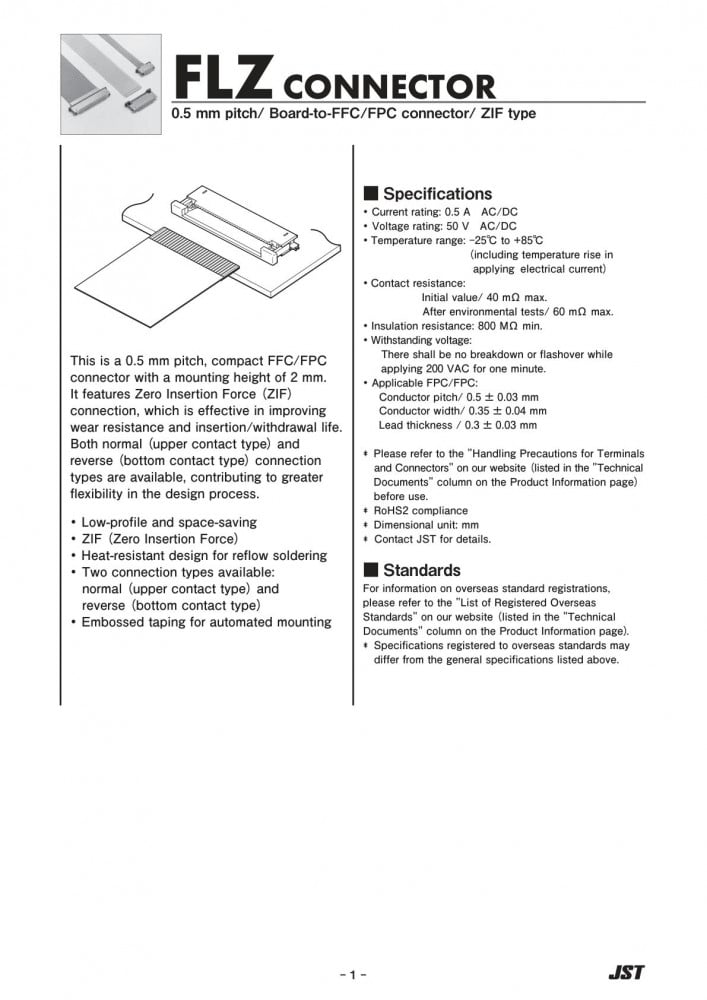 JST FLZ connector technical document page 1