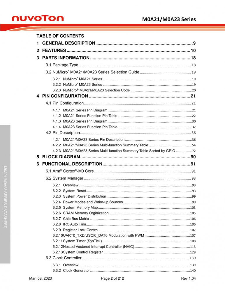 M0A21/M0A23 datasheet page 2