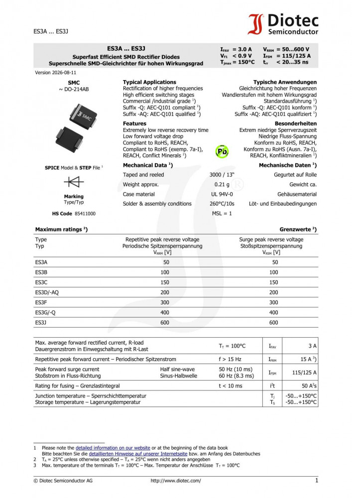 DIOTEC ES3G datasheet page image 1