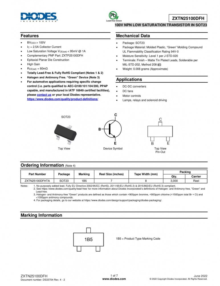 ZXTN25100DFHTA datasheet page 1