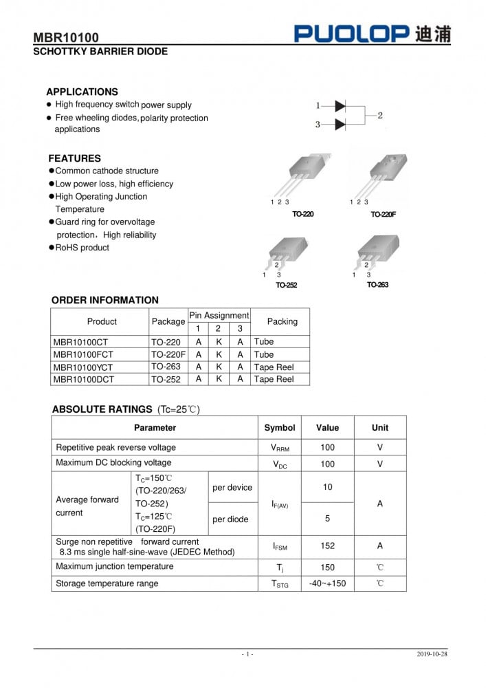 MBR10100FCT datasheet page 1