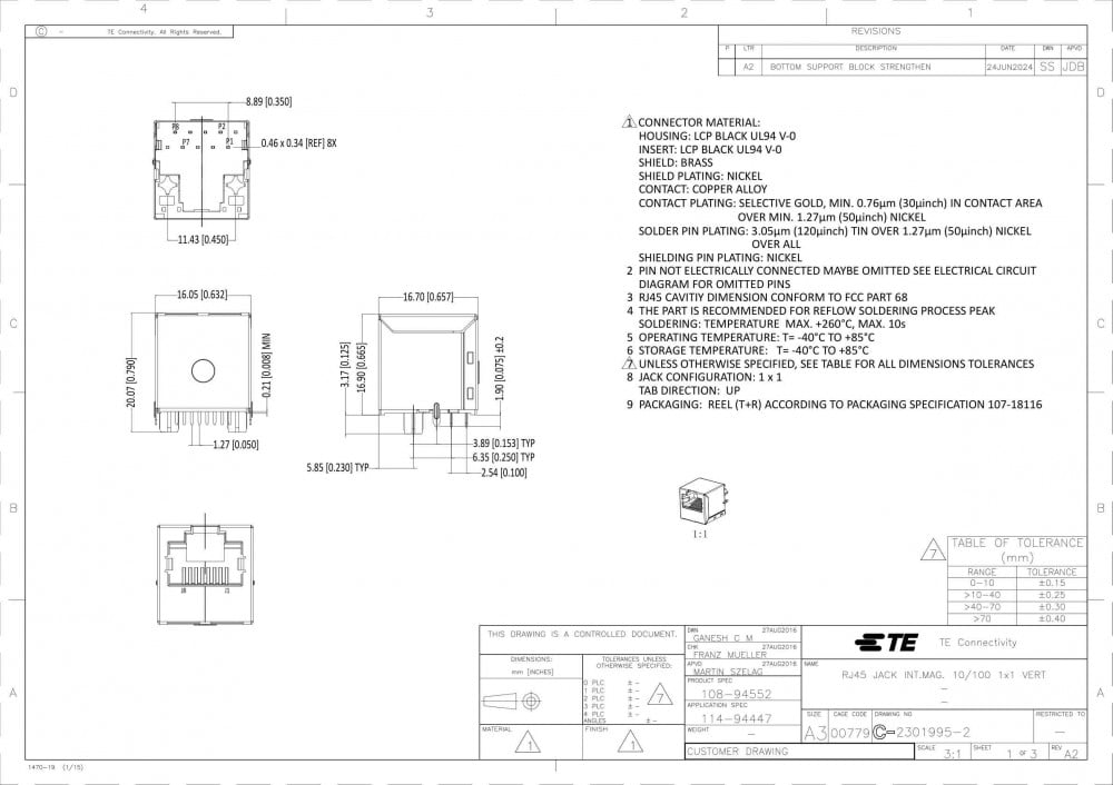 TE Connectivity 2301995-2 controlled drawing page 1