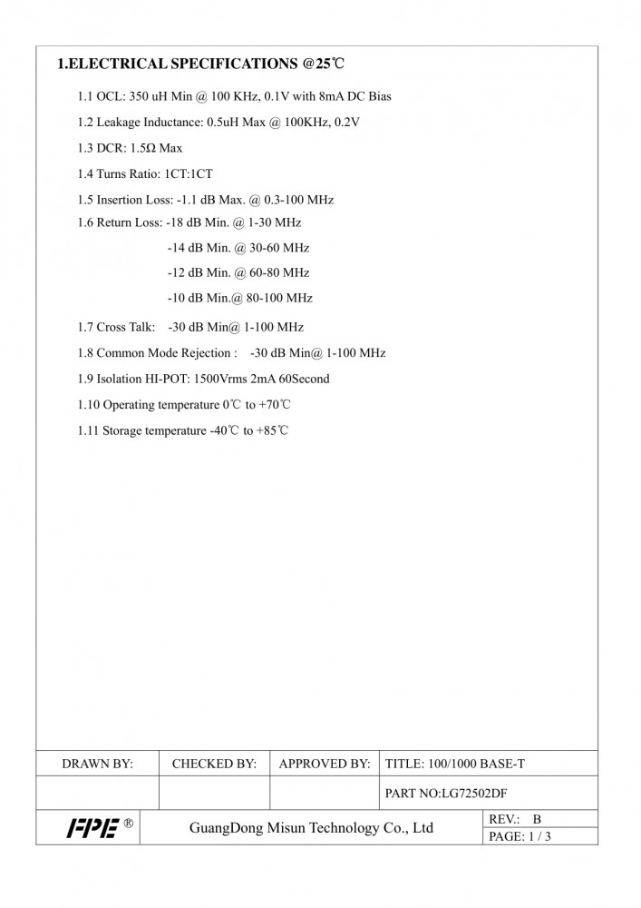 LG72502DF electrical specifications and schematic page