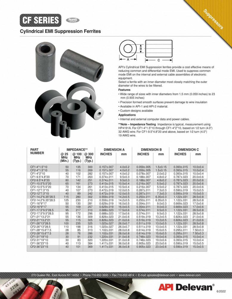 API Delevan cylindrical EMI suppression ferrite documentation page 1