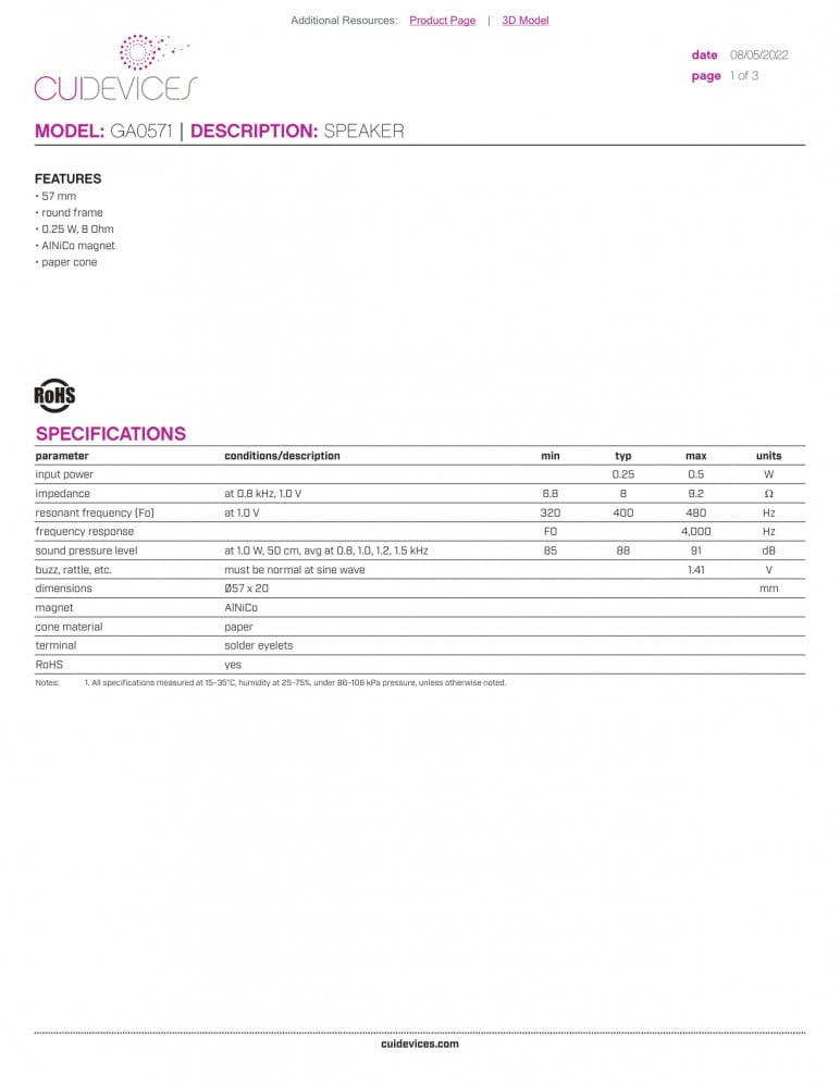 CUI GA0571 datasheet page 1