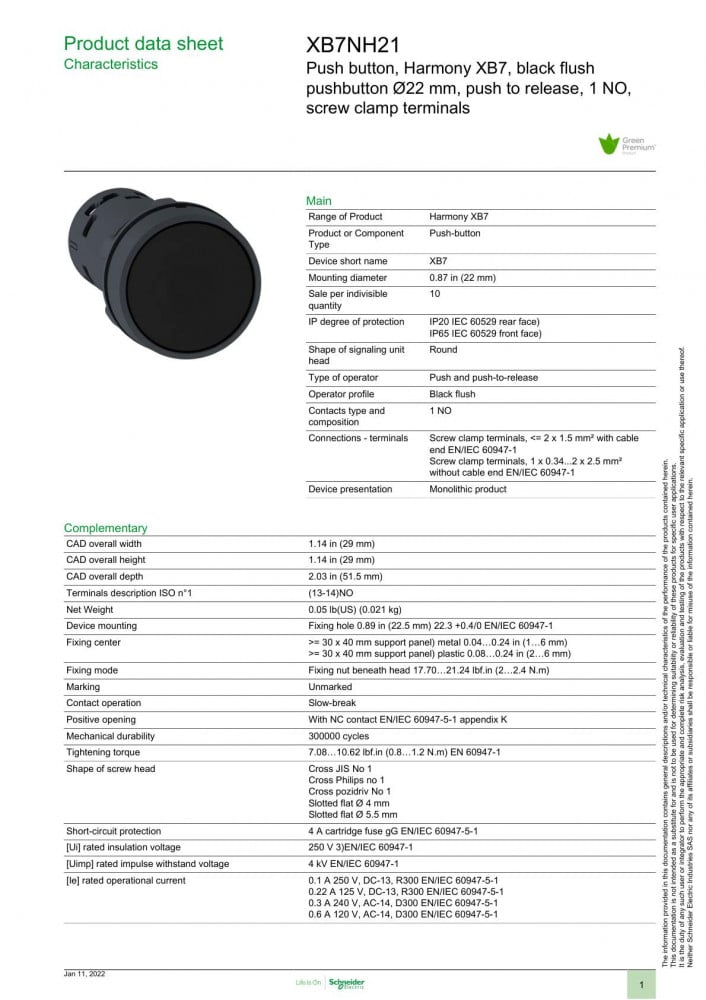 XB7NH21 technical document page 1