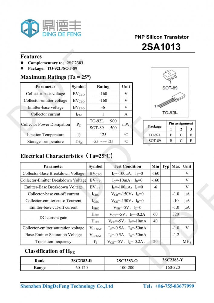 2SA1013 technical datasheet page