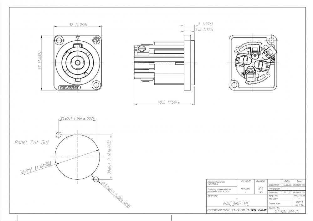 Neutrik NAC3MP-HC mechanical drawing