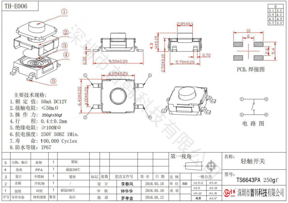 TS6643PA 250gf technical document page 1