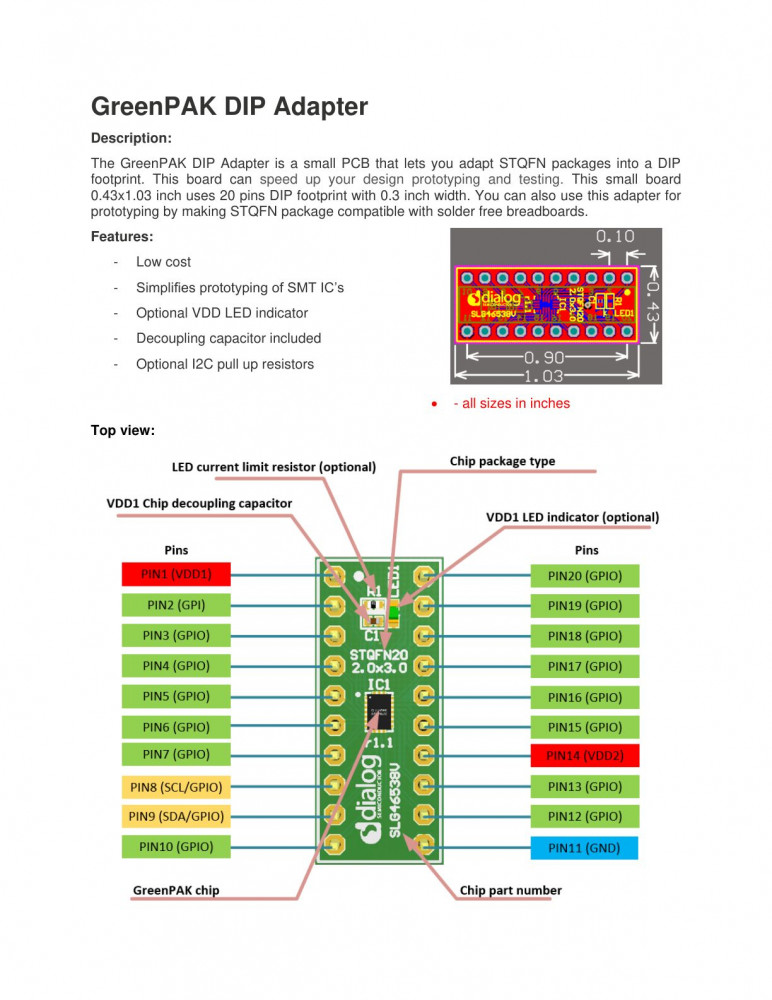 SLG46538M-DIP GreenPAK DIP Adapter technical document page 1
