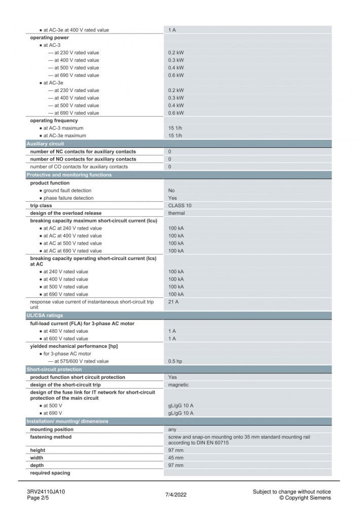 3RV24110JA10 datasheet page 2