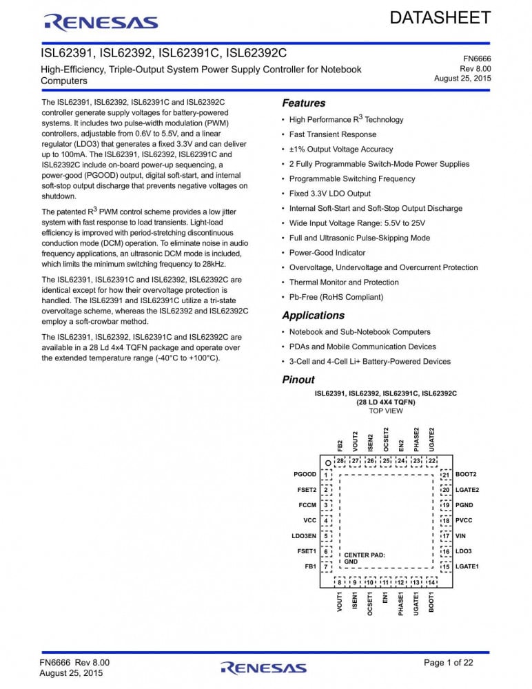 ISL62392CIRTZ-T datasheet page 1
