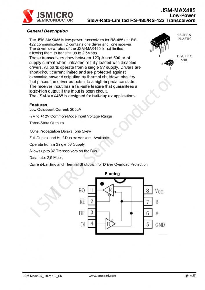 MAX485ESA-JSM datasheet page 1