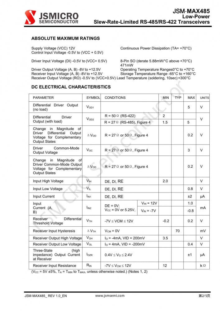 MAX485ESA-JSM datasheet page 2