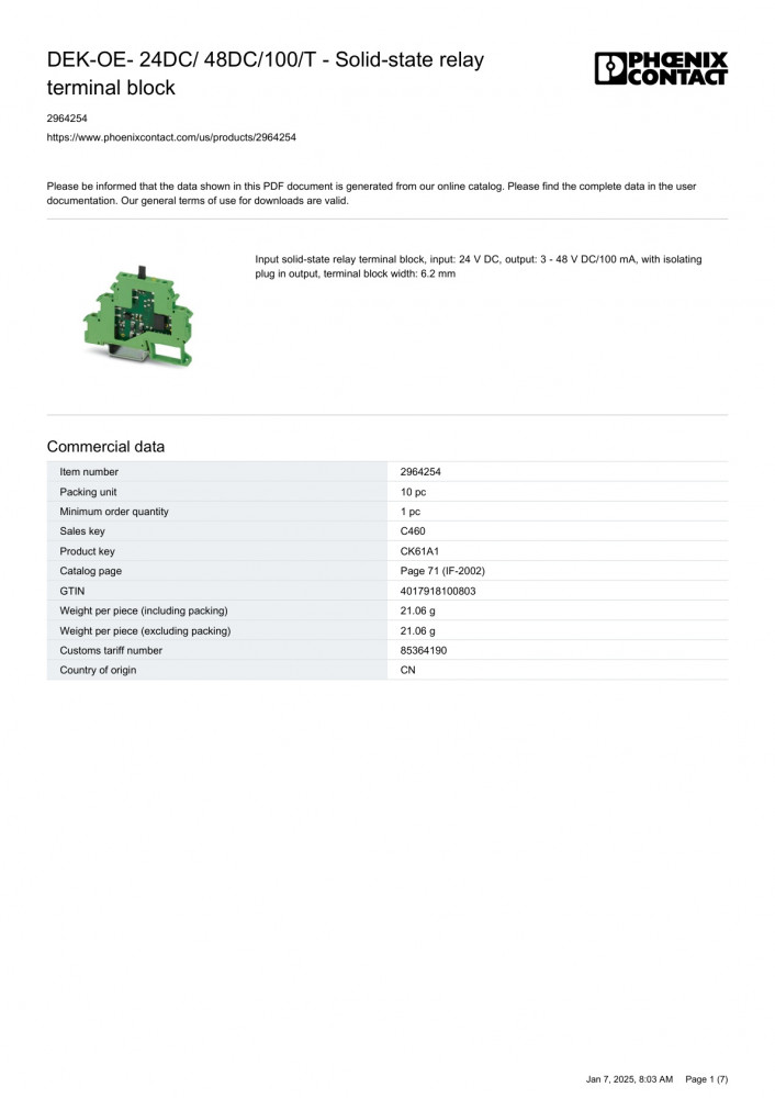 Phoenix Contact 2964254 document page 1