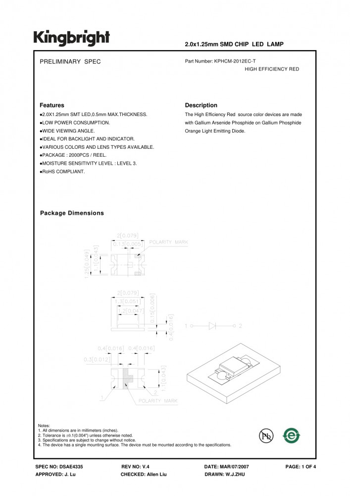 KPHCM-2012EC-T datasheet page 1