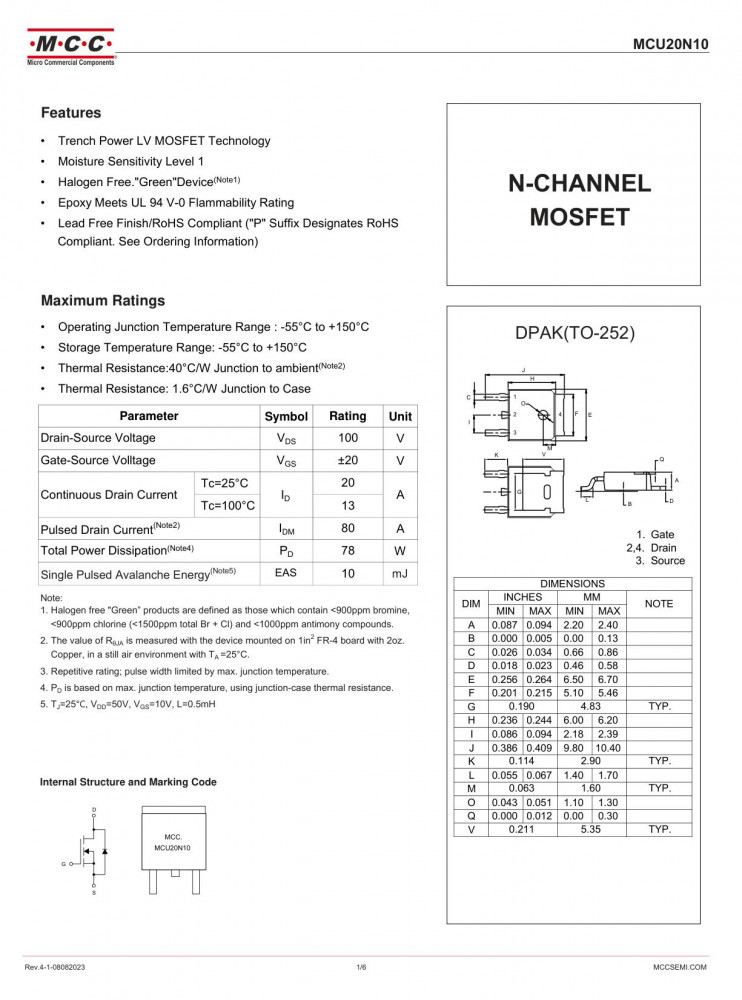 MCU20N10-TP datasheet page 1