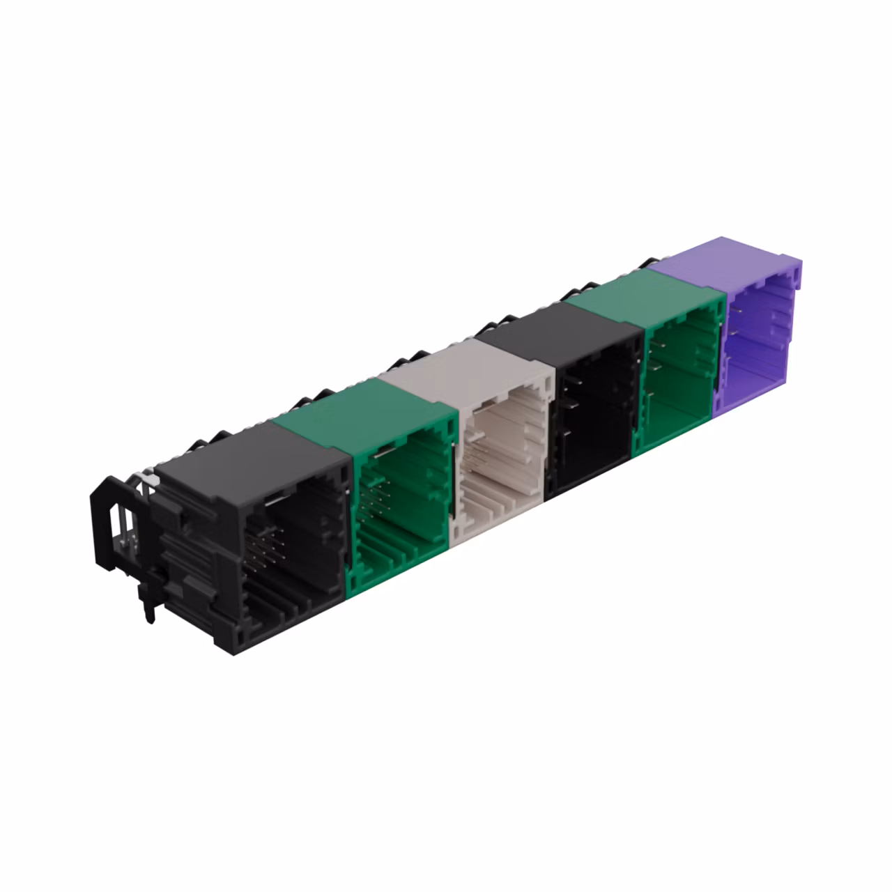 stAK50h 6 Bay Right-Angle Hybrid Header, 105 Circuits, Bay 1: 23 Circuits/Key 1/Dark Gray; Bay 2: 23 Circuits/Key 2/Green; Bay 3: 23 Circuits/Key 3/Gray; Bay 4: 12 Circuits/Key 1/Black; Bay 5: 12 Circuits/Key 2/Green; Bay 6: 12 Circuits/Key 3/Purple; Tray for sale
