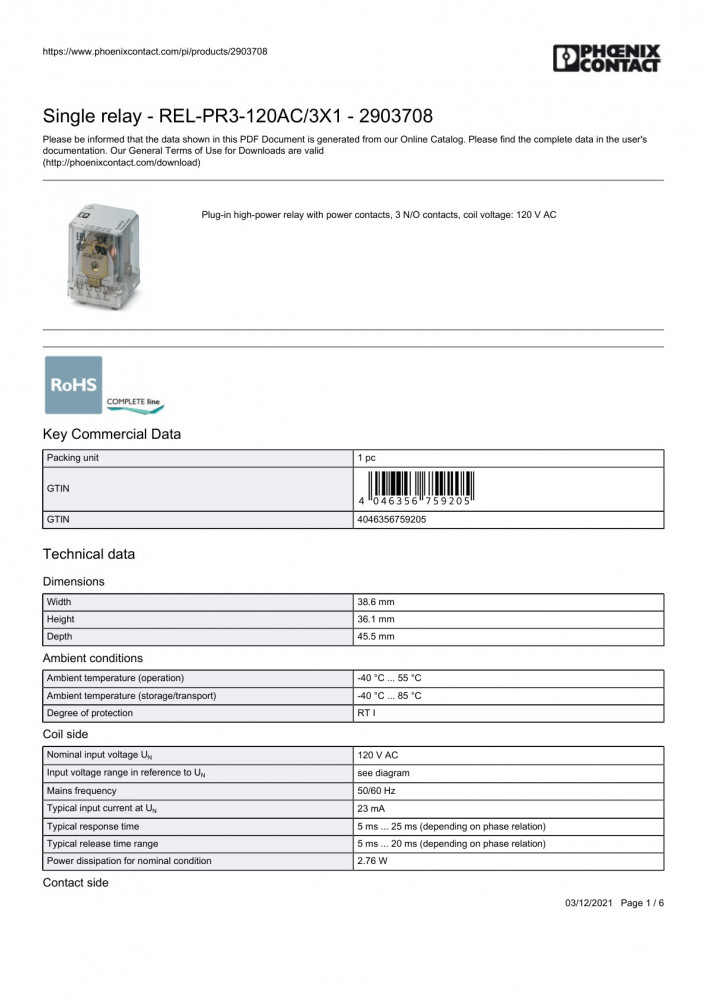 Phoenix Contact 2903708 technical document page 1