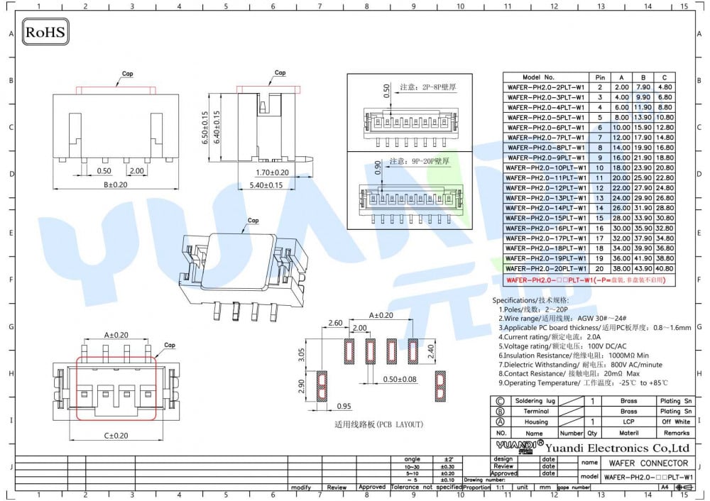 YUANDI WAFER connector technical drawing page 1