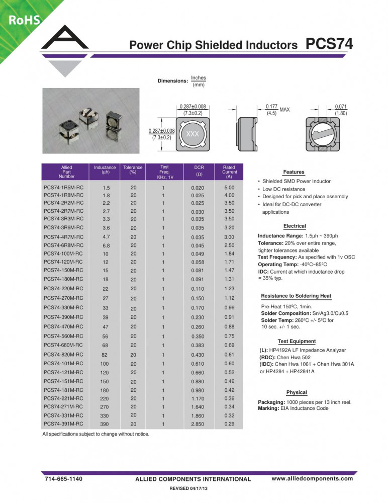 PCS74 shielded SMD power inductor product document