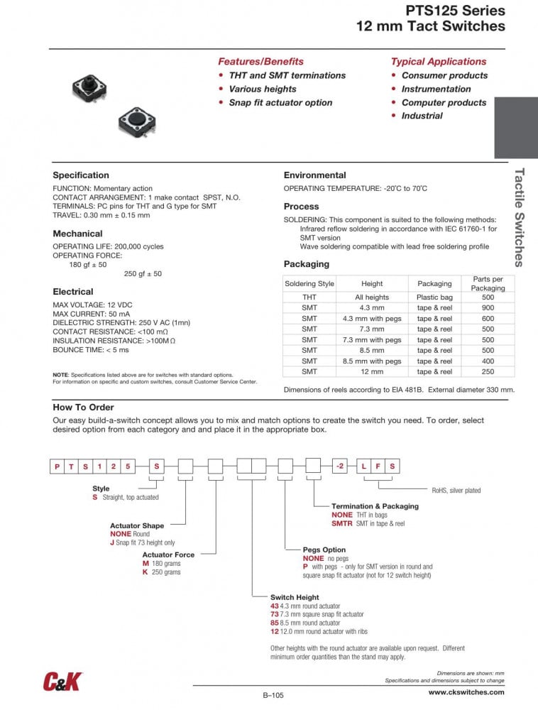 C&K PTS125 Series datasheet page 1