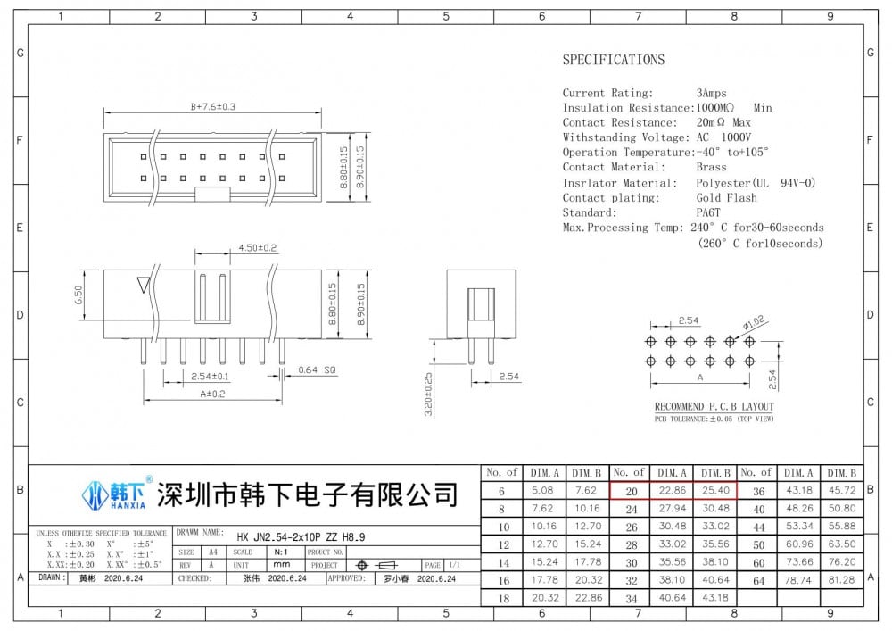 HANXIA HX JN2.54-2x10P ZZ H8.9 technical drawing