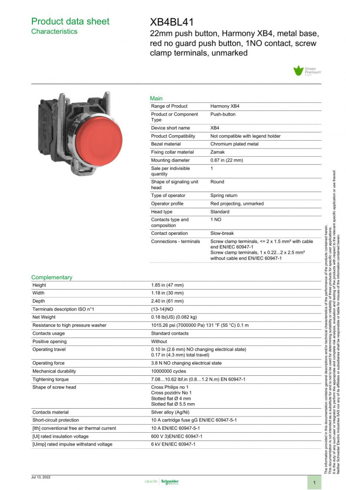 XB4BL41 technical document page 1