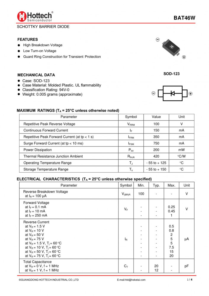 BAT46W datasheet page 1