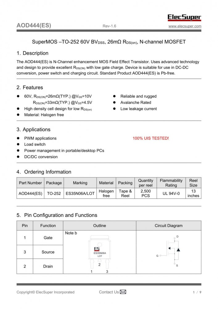 AOD444(ES) datasheet page 1