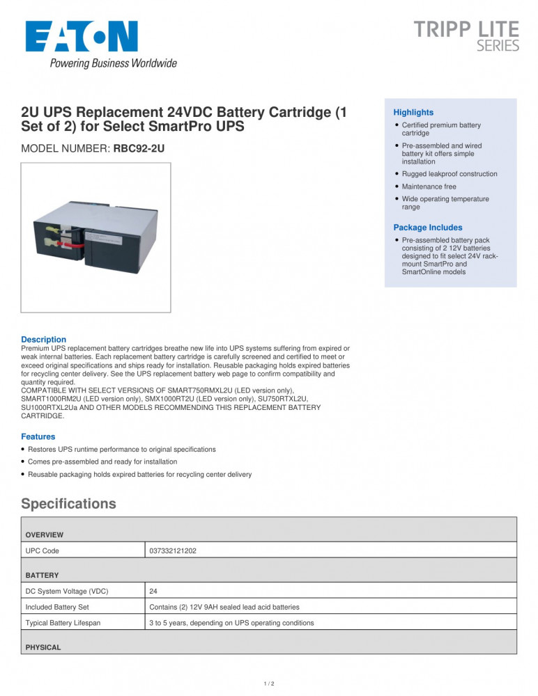 RBC92-2U product document, page 1