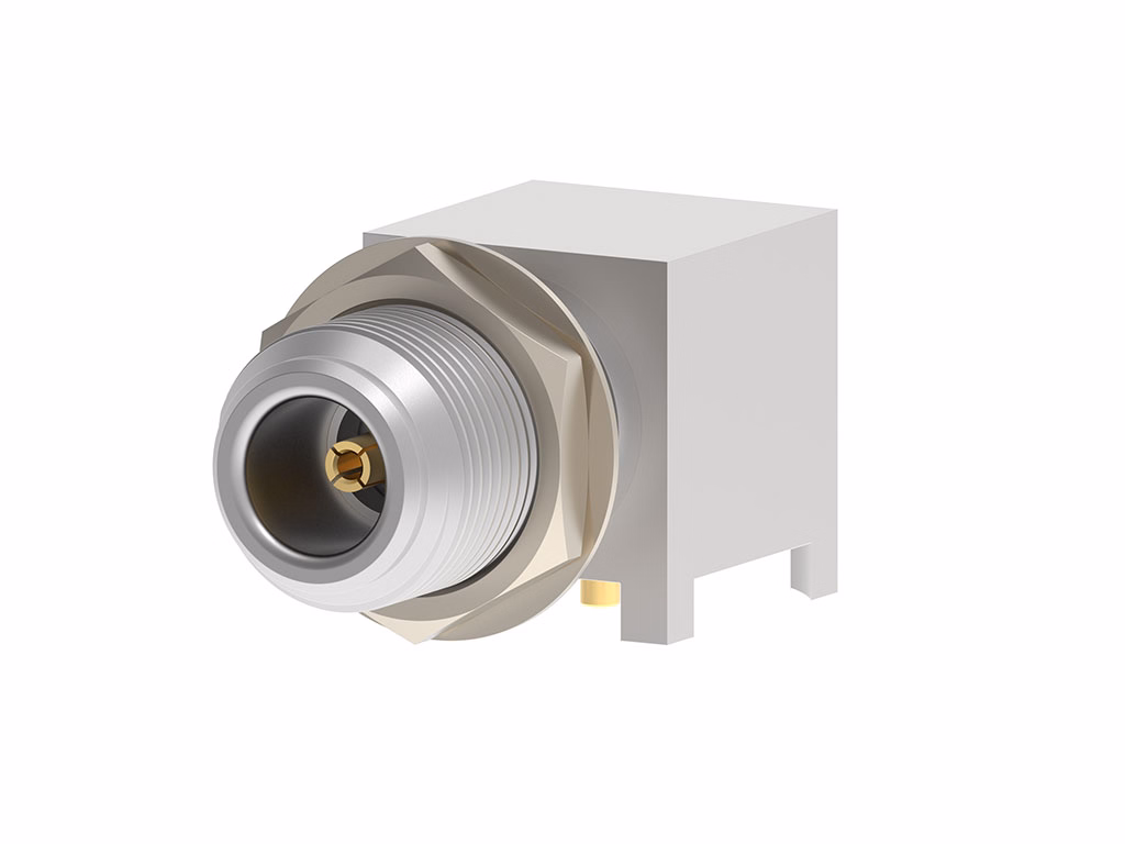 N Jack, Straight, Bulkhead, Crimp, RG-178, RG-196 Cable, Brass Body, Nickel (Ni) Plated, with Jam Nut and Lockwasher, IP68, Tray, 50 Ohms