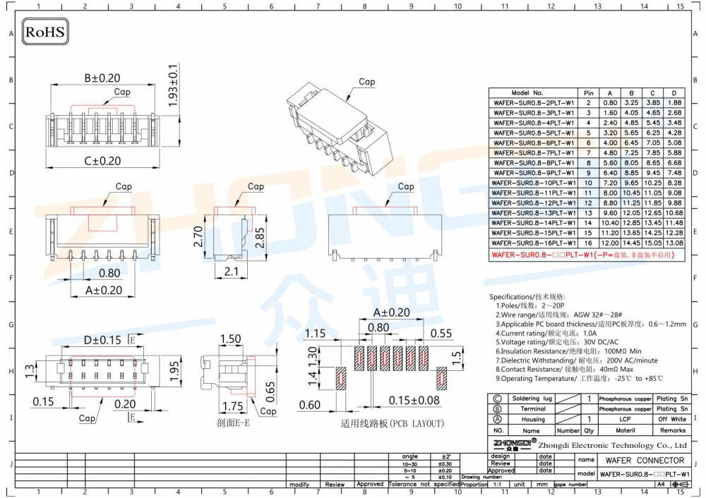 Zhongdi wafer connector technical drawing