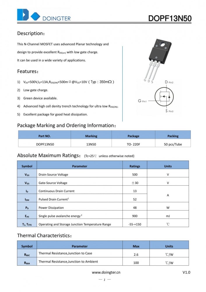 DOPF13N50 datasheet page 1