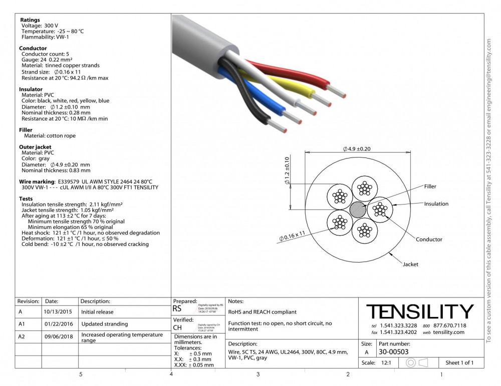 Tensility International 30-00503 product drawing and cable construction