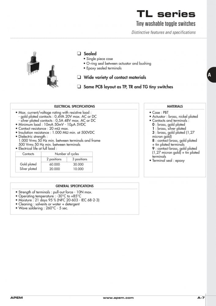 APEM TL series datasheet page 1