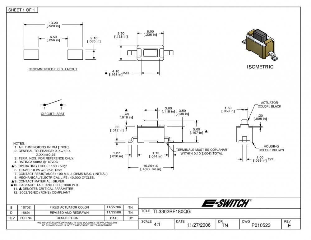 E-Switch TL3302BF180QG technical drawing