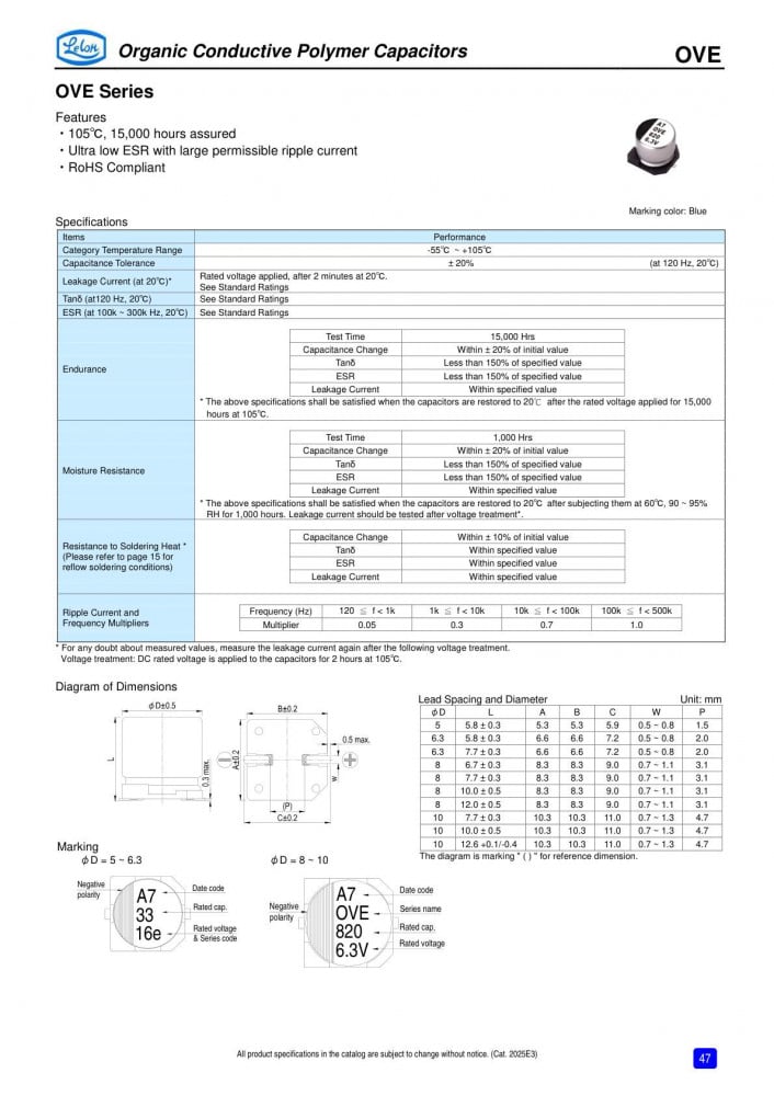 Lelon OVE series datasheet page 1