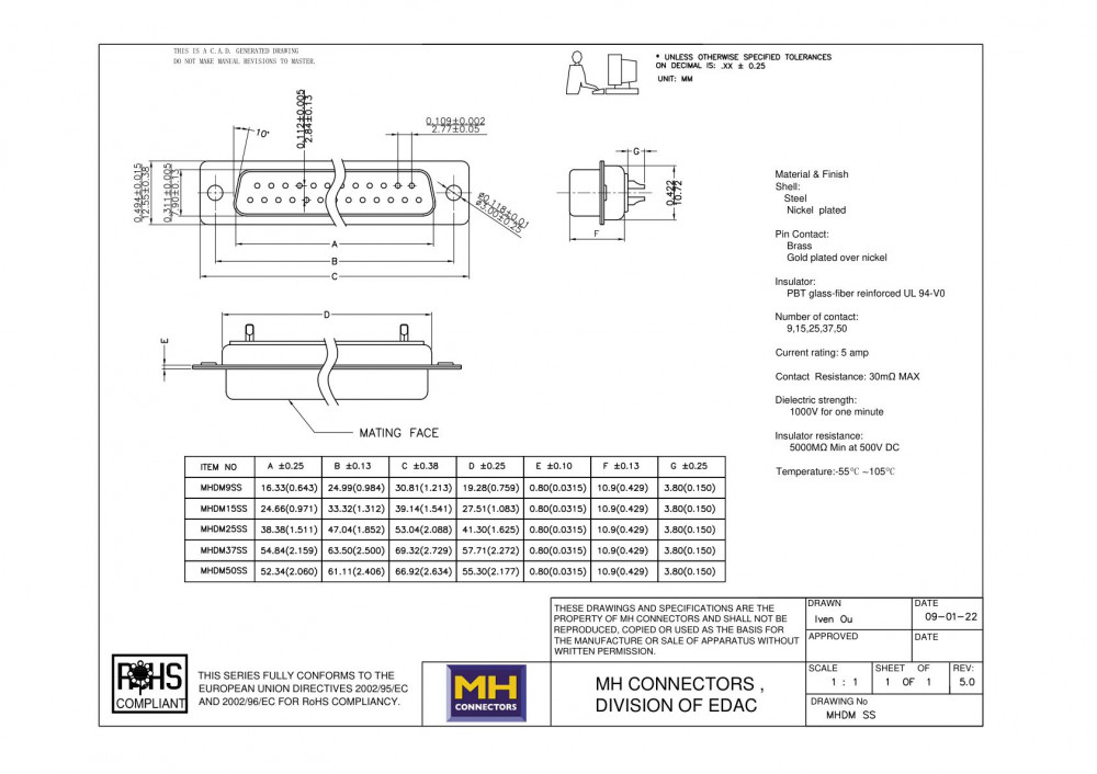 MHDM9SS 9-way solder connector drawing