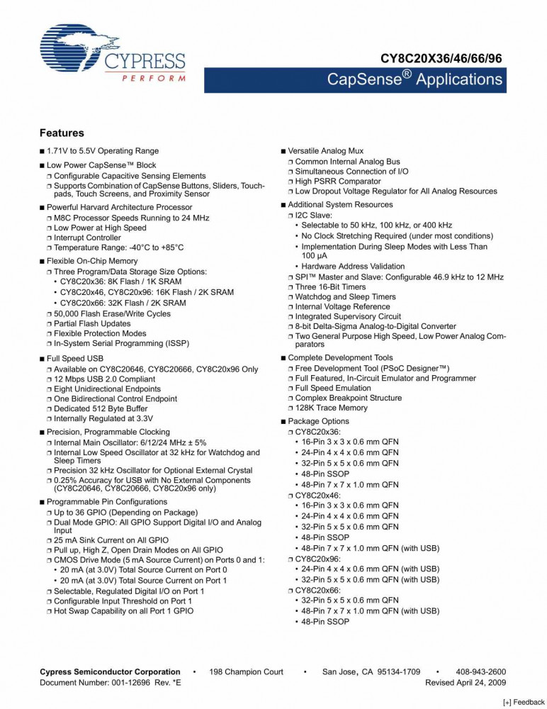 CY8C20566-24PVXI datasheet page 1