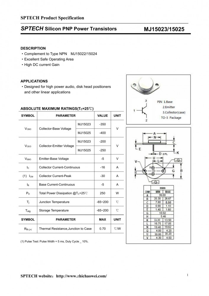 SPTECH MJ15023 datasheet page 1