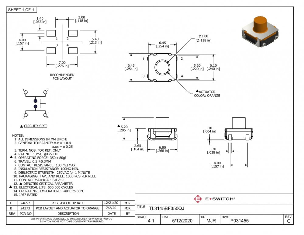 E-Switch TL3145BF350QJ technical drawing and recommended PCB layout